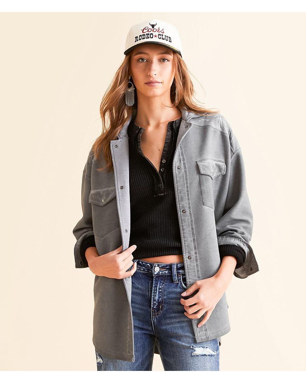 BKE Ribbed Aztec Embroidered Shacket in Gray | Lyst