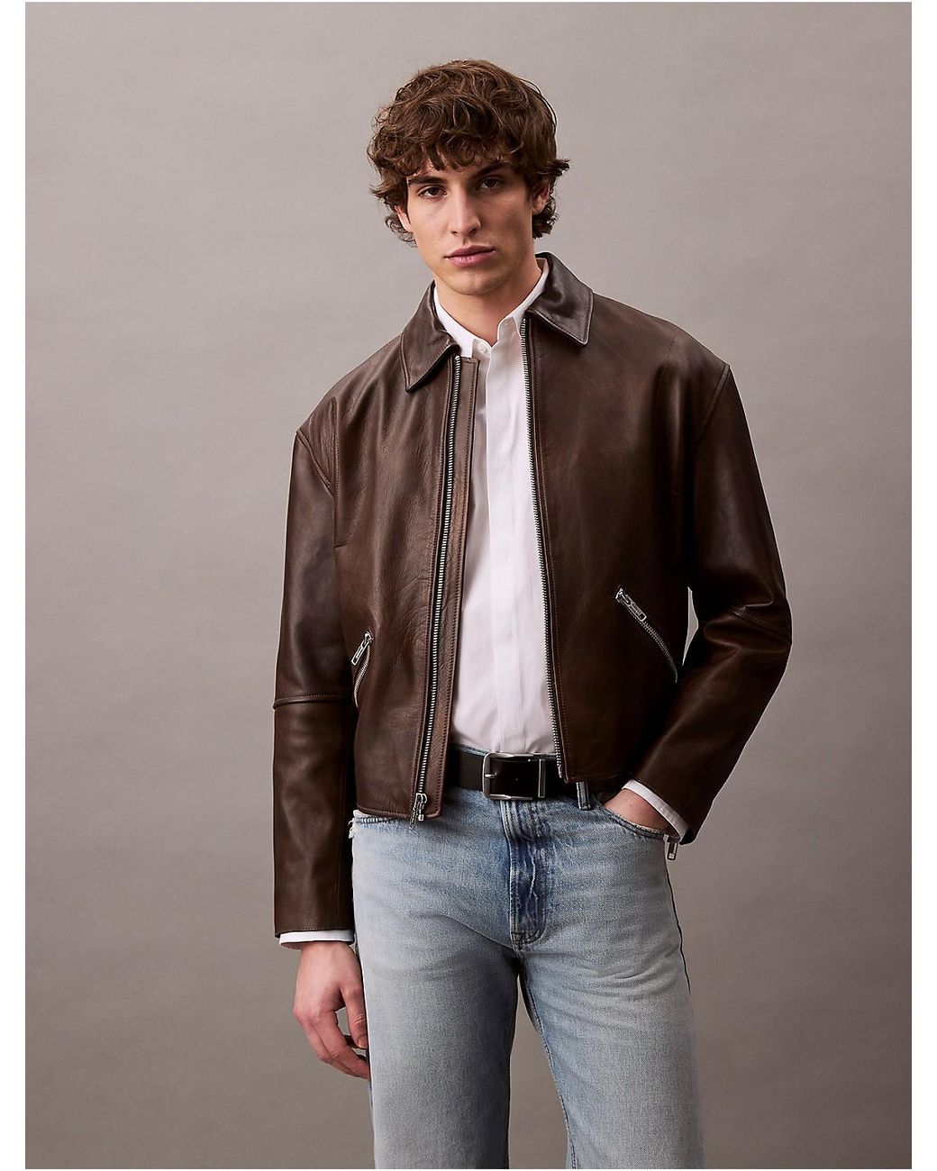Calvin Klein Calvin Klein Distressed Leather Biker Jacket in Brown for ...