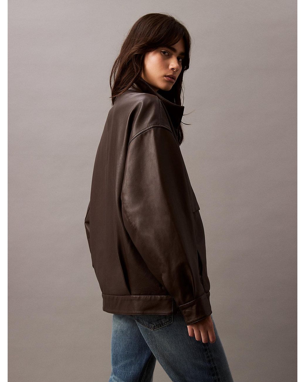Calvin Klein Leather Bomber Jacket in Brown Lyst UK