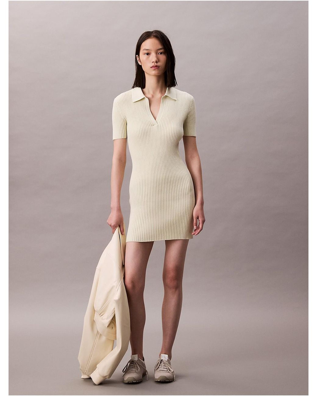 Calvin Klein Calvin Klein Cotton Rib Polo Mini Dress in Natural | Lyst