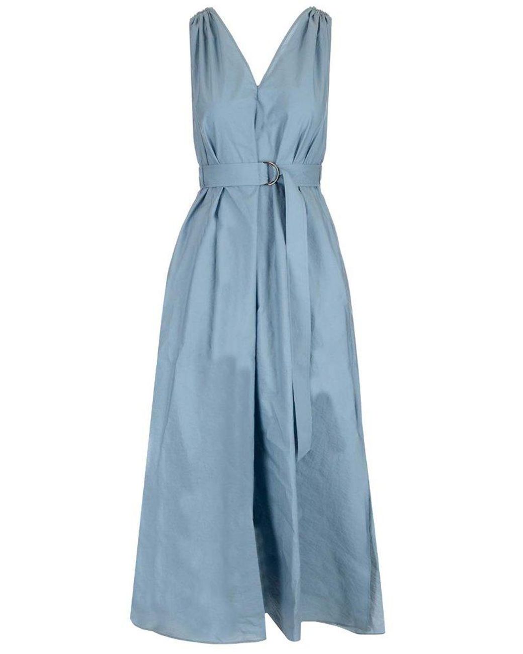 Brunello Cucinelli Belted Poplin Midi Dress In Blue Lyst