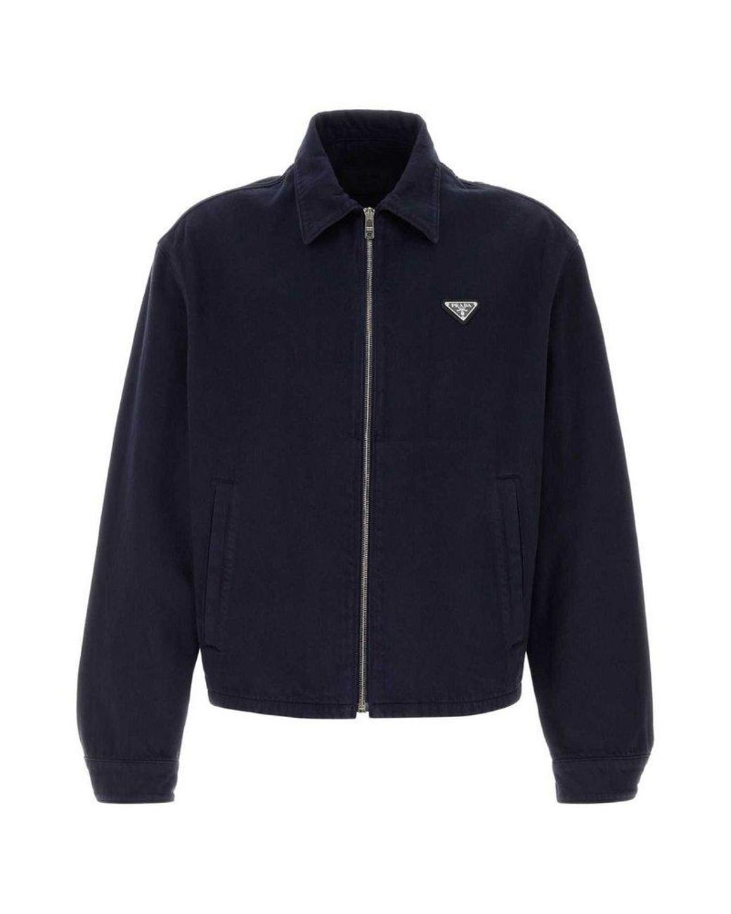 Prada Triangle-Logo Zipped Denim Jacket in Blue for Men | Lyst