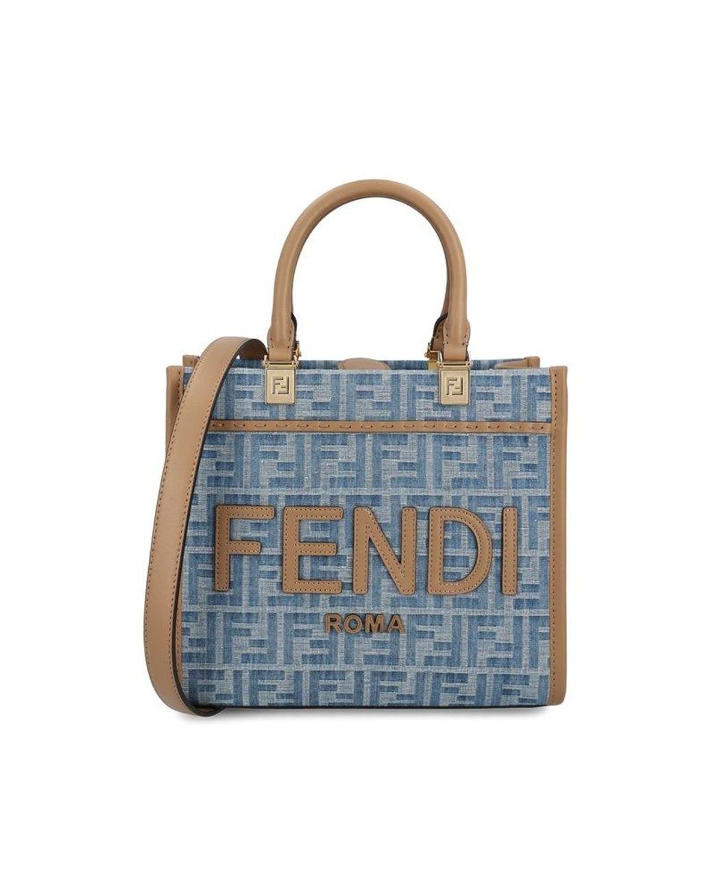 Fendi Sunshine Small Ff Denim & Leather Tote in Blue | Lyst
