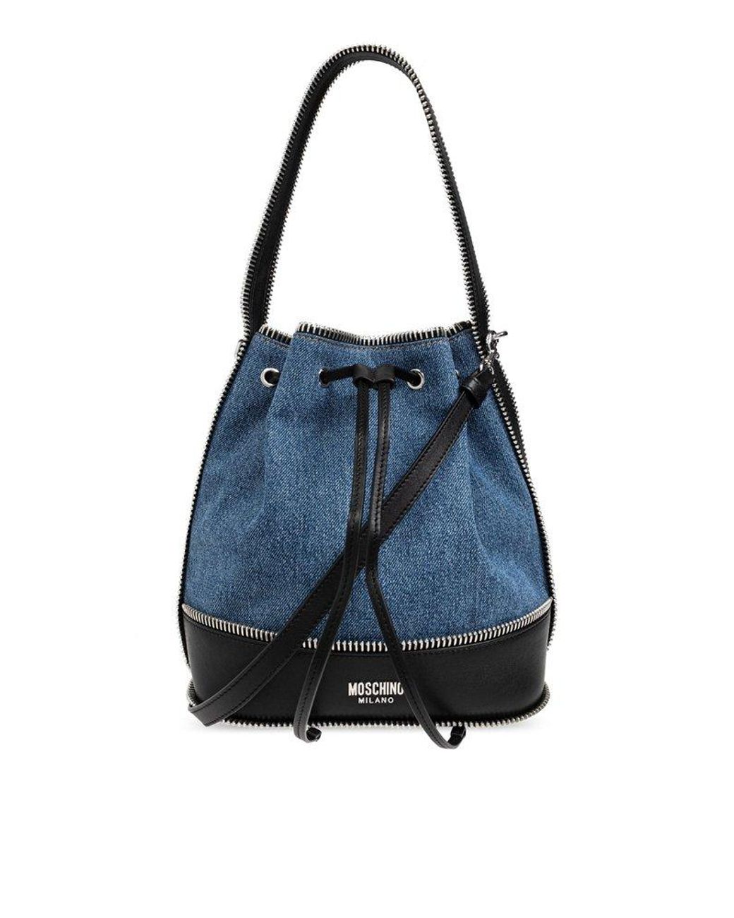 Moschino Zip-Detailed Drawstring Denim Bucket Bag in Blue | Lyst