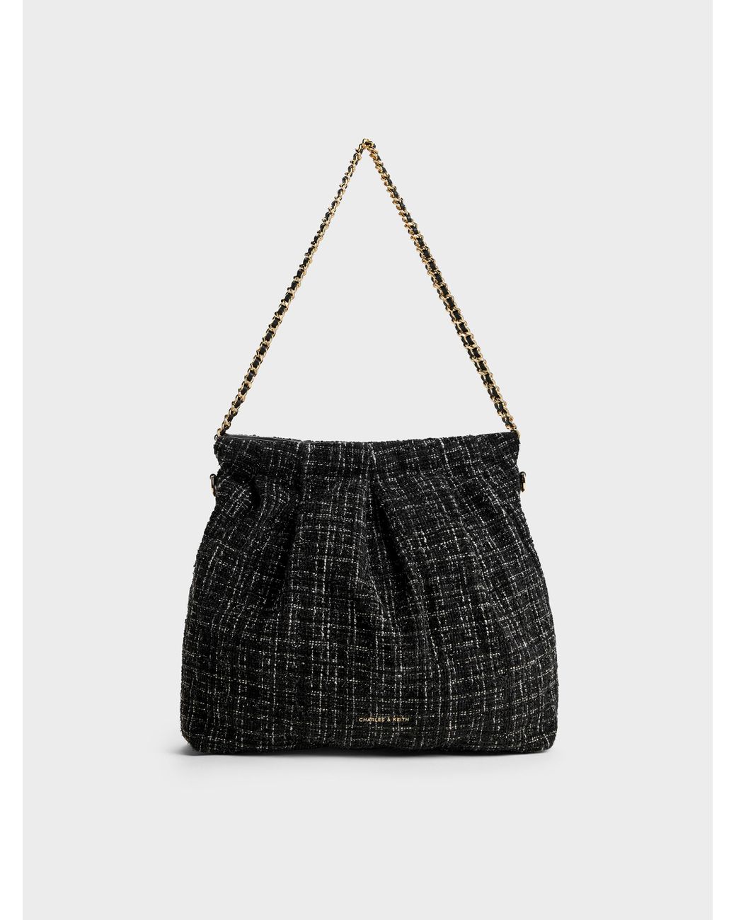 Charles & Keith Duo Tweed Double-Chain Hobo Bag in Black | Lyst