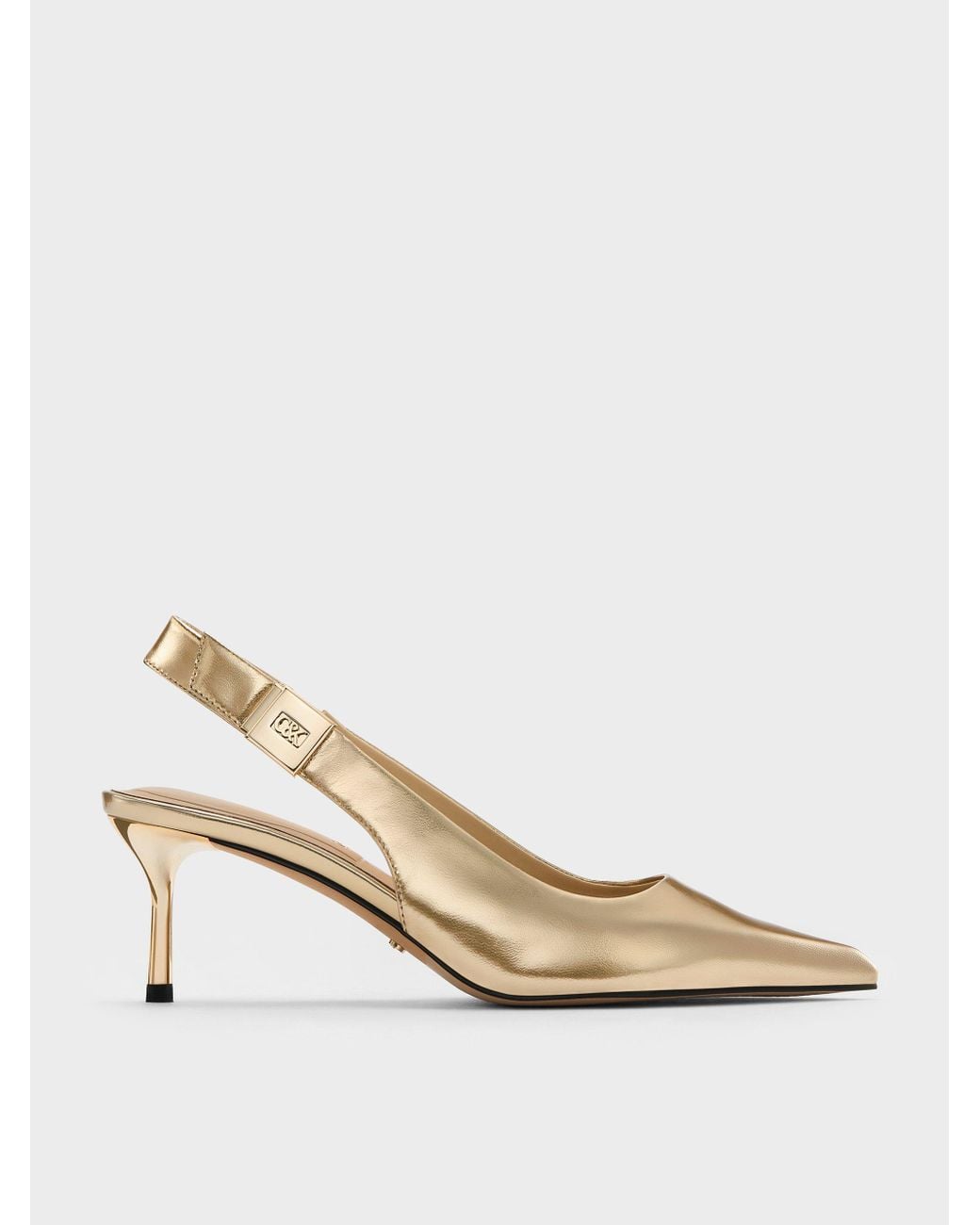 Charles & Keith Cody Metallic Leather Pointed-Toe Kitten-Heel Slingback ...