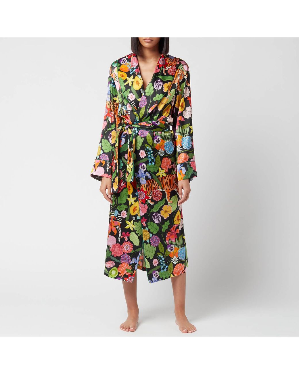Karen Mabon Tiger Bouquet Silk Long Robe in Black | Lyst