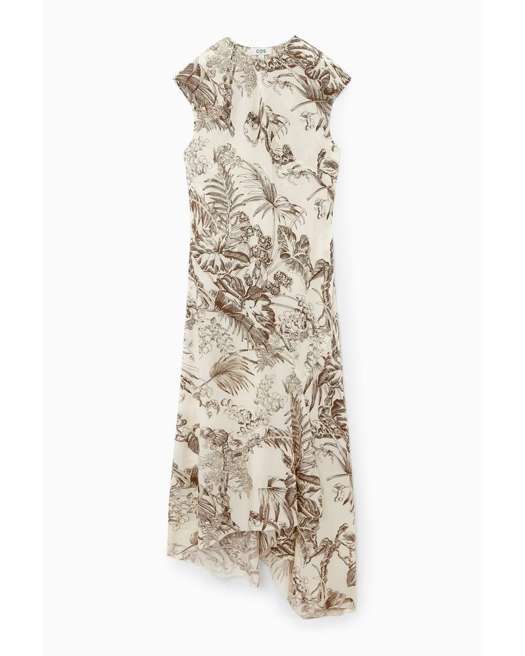 COS Botanical-print Silk Dress in Natural | Lyst