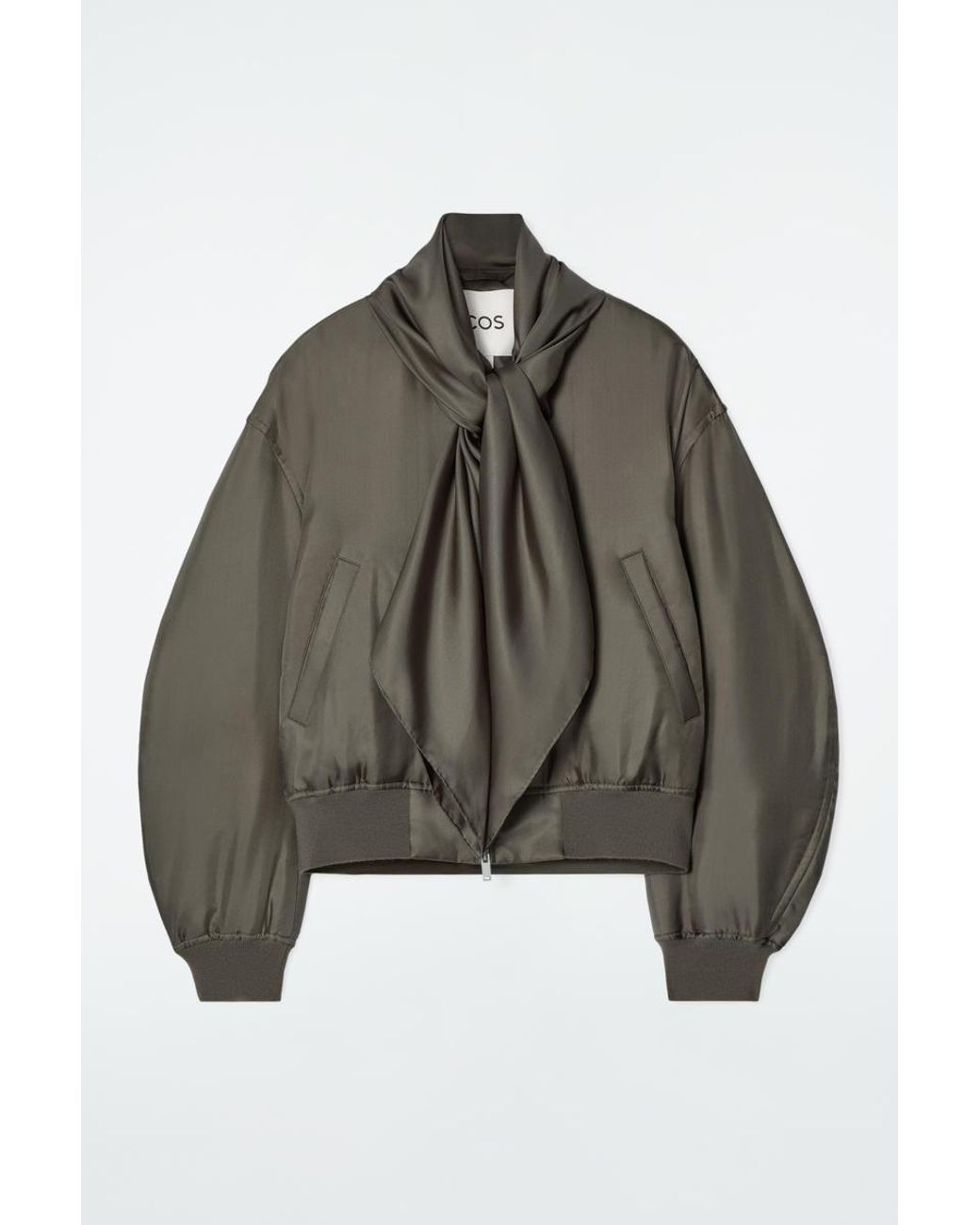 COS Scarf-Detail Padded Silk Bomber Jacket in Brown | Lyst