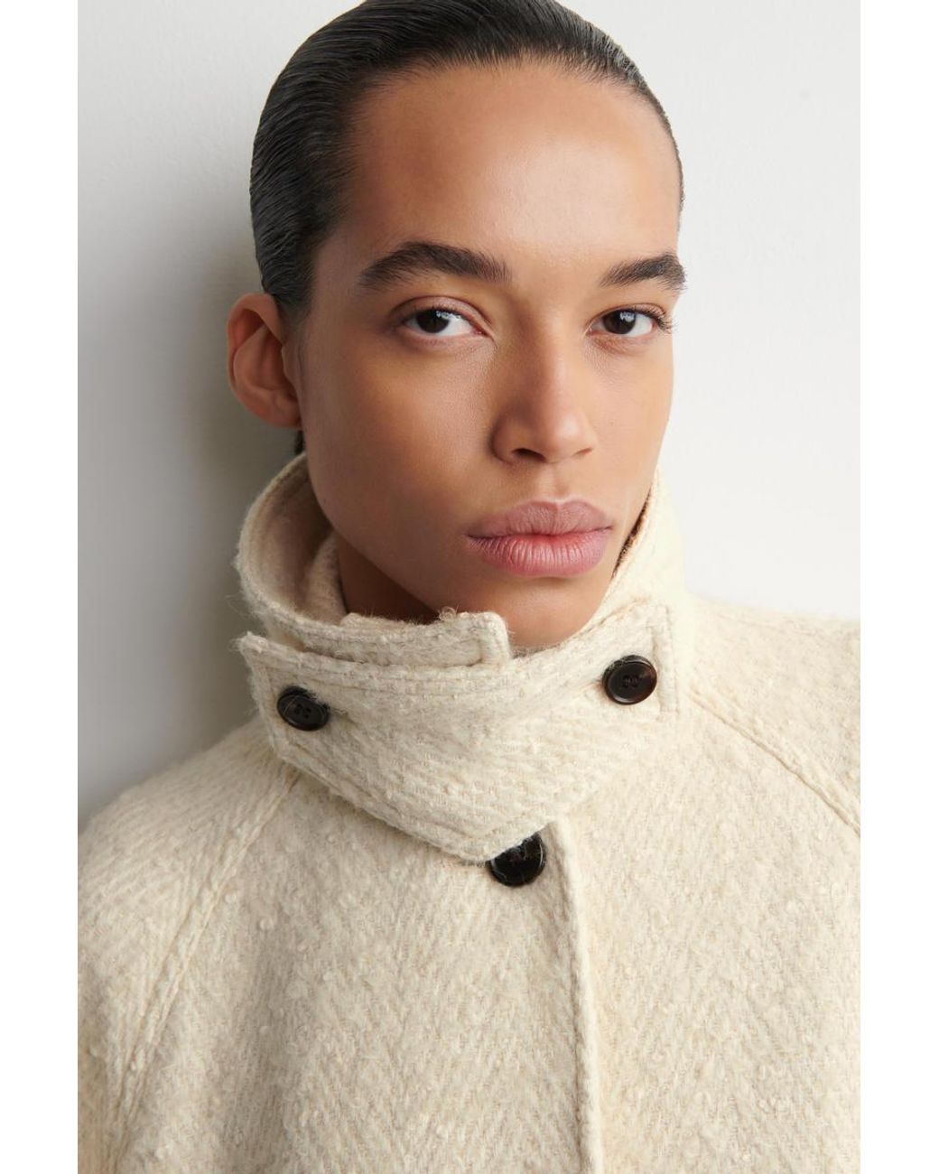 COS Funnel-Neck Wool-Herringbone Short Coat in Natural | Lyst UK