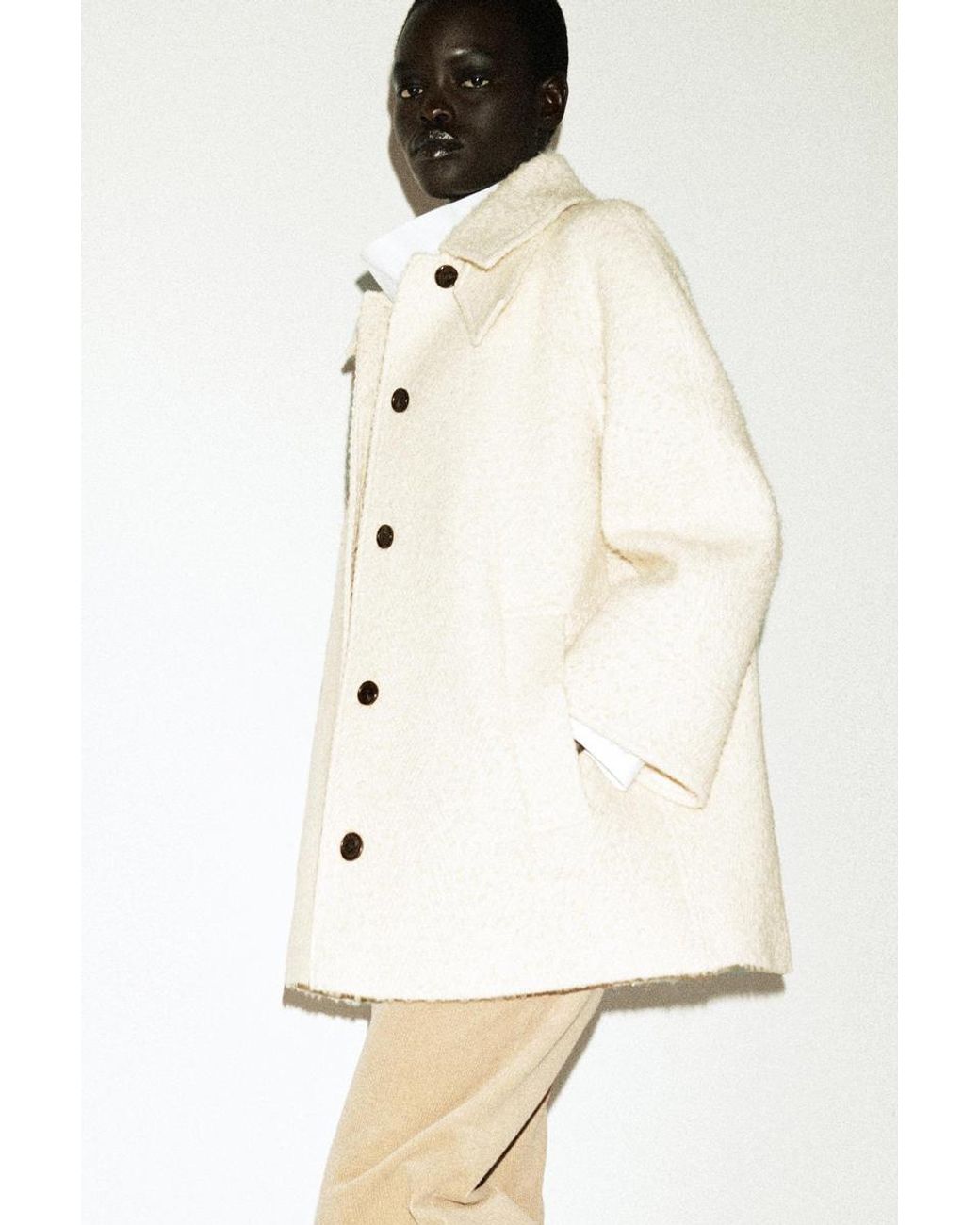 COS Funnel-Neck Wool-Herringbone Short Coat in Natural | Lyst UK