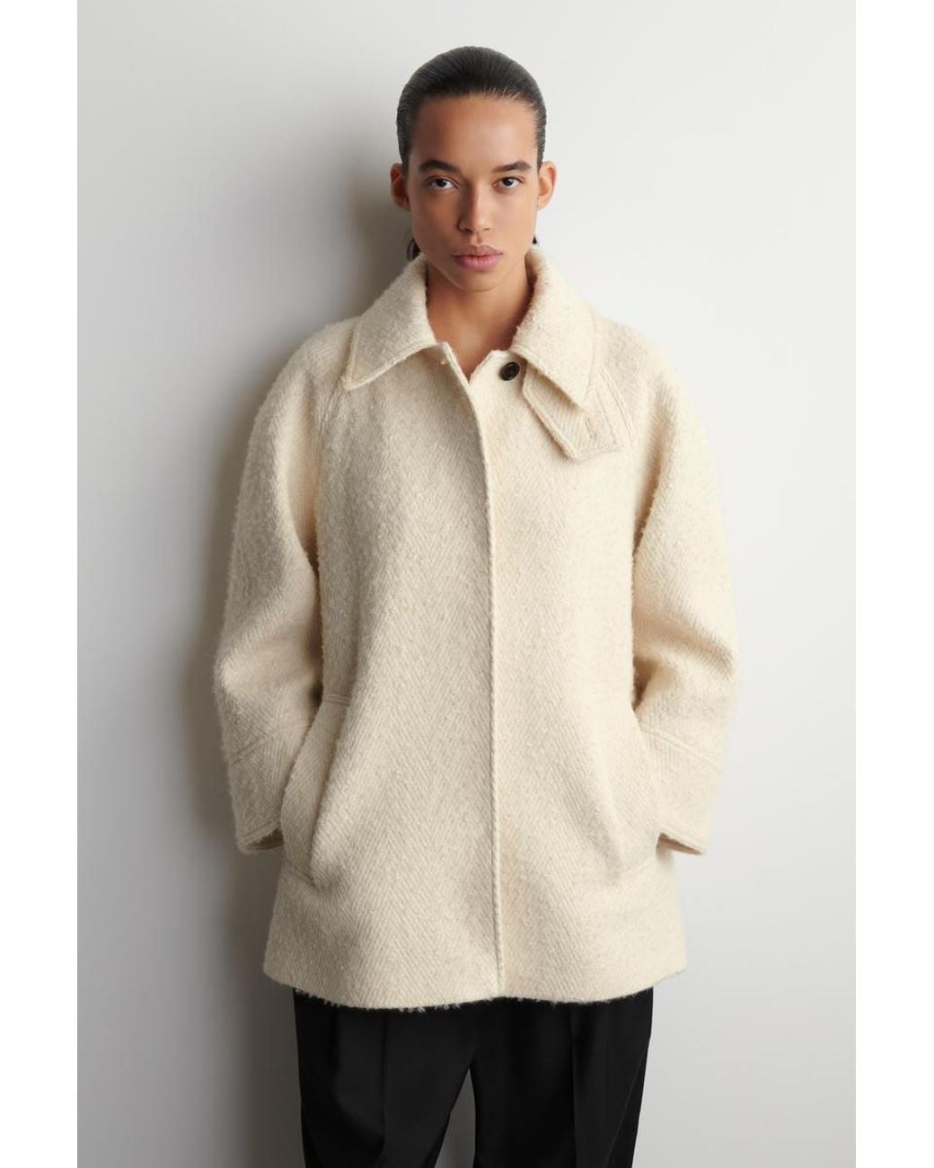 COS Funnel-Neck Wool-Herringbone Short Coat in Natural | Lyst UK