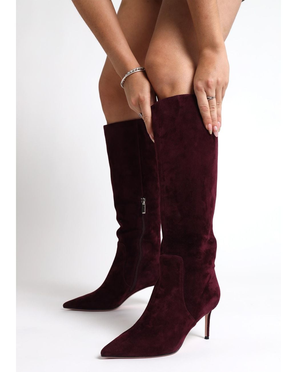 Daniel Saffia Burgundy Suede Slim Heel Knee Boots in Red | Lyst