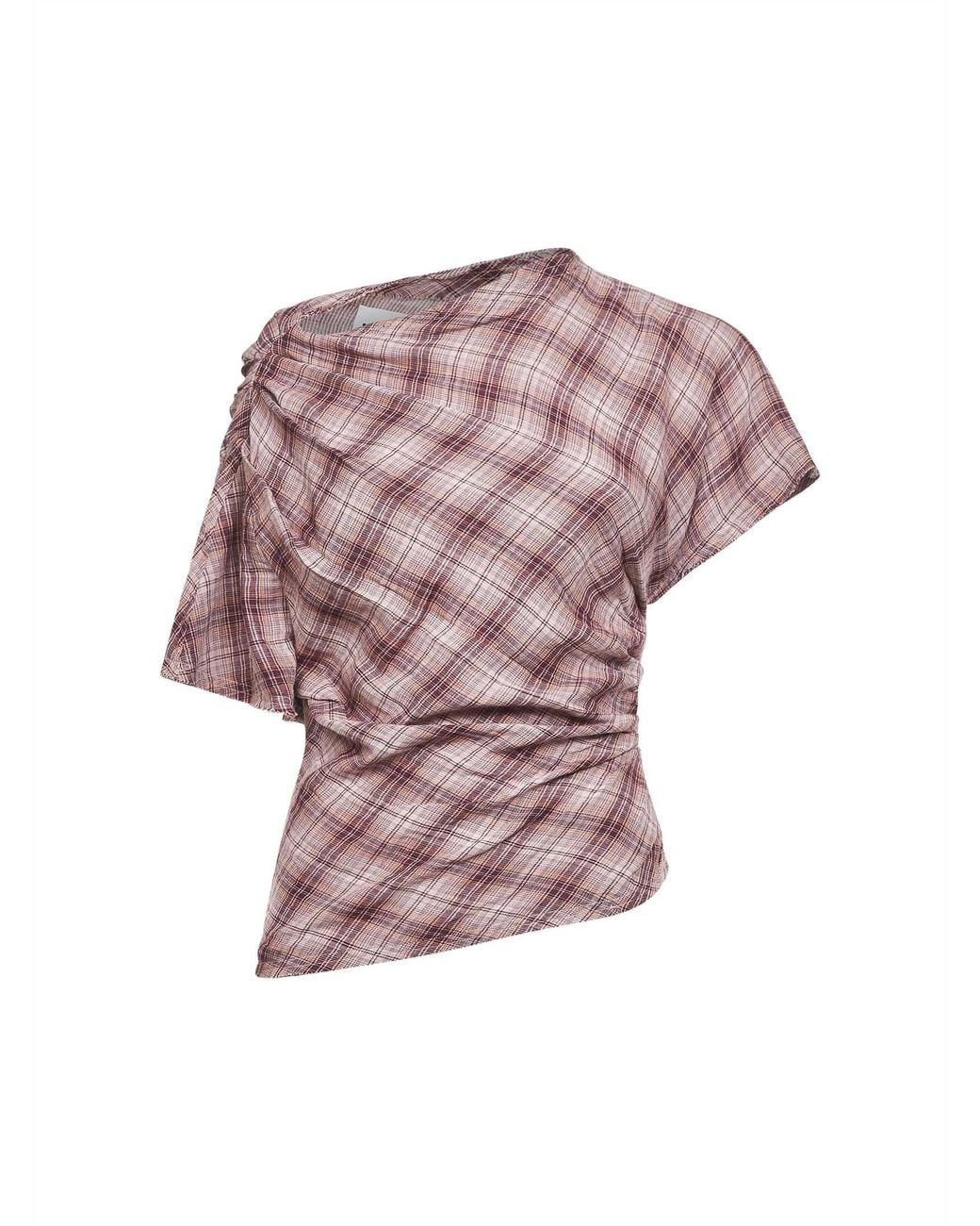 Isabel Marant Rosewood Checkered Cotton Neyela Asymmetric Top in Pink ...