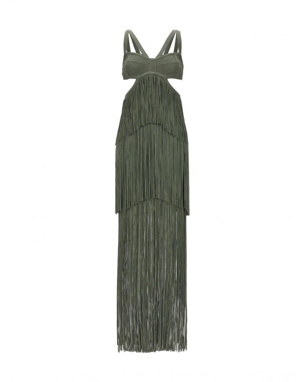 Hervé Léger 'Strappy Tiered Fringe' Dress in Green | Lyst