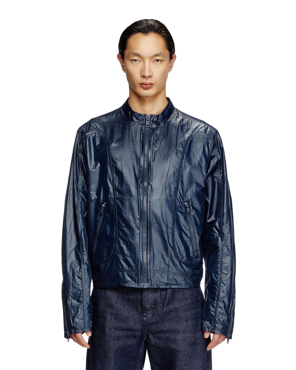 DIESEL Biker Jacket In Shiny Ripstop in Blue for Men | Lyst