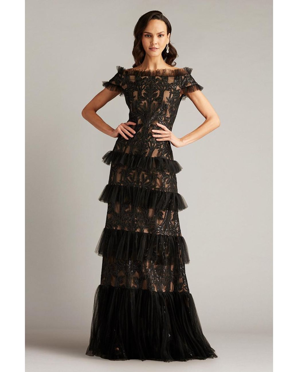 Tadashi Shoji Pemma Sequin Embroidered Tiered Gown in Black | Lyst
