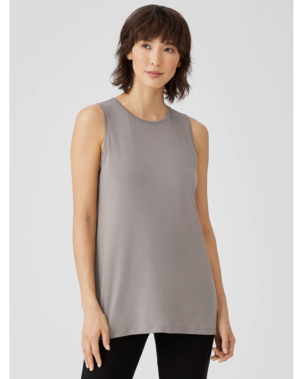 Eileen Fisher Fine Jersey Crew Neck Shell in Gray | Lyst