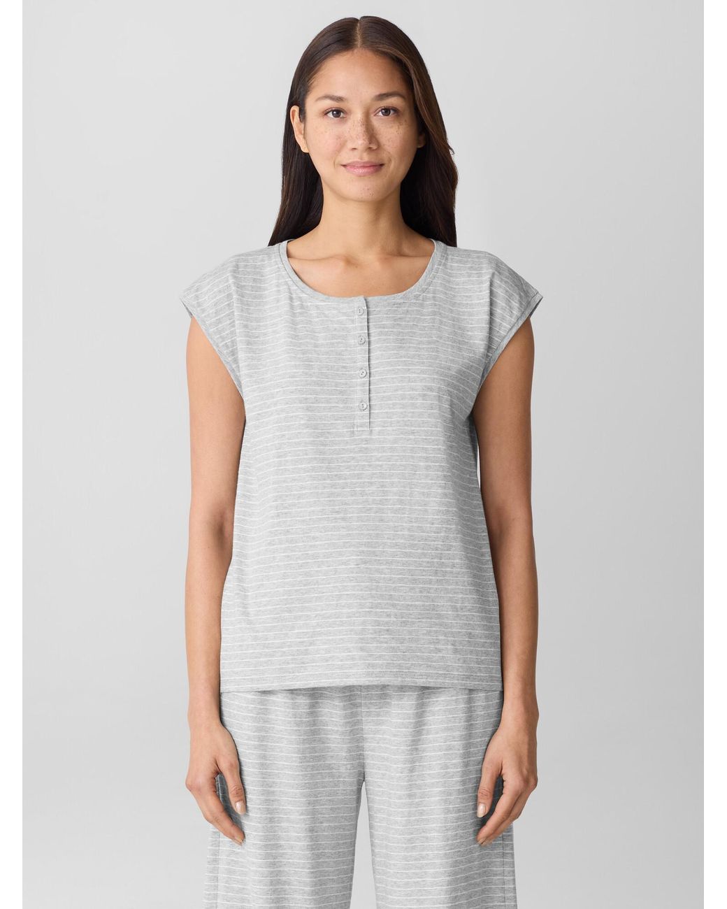 Eileen Fisher Striped Organic Cotton Jersey Henley Sleep Top in Gray | Lyst