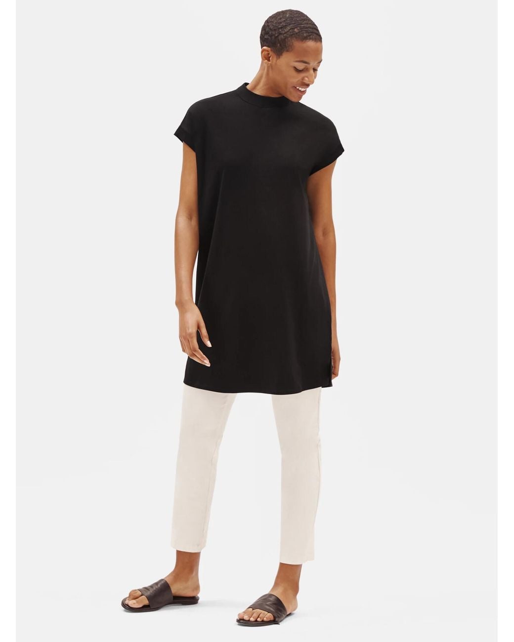 Eileen Fisher Traceable Organic Cotton Stretch Mock Neck Dress in Black ...