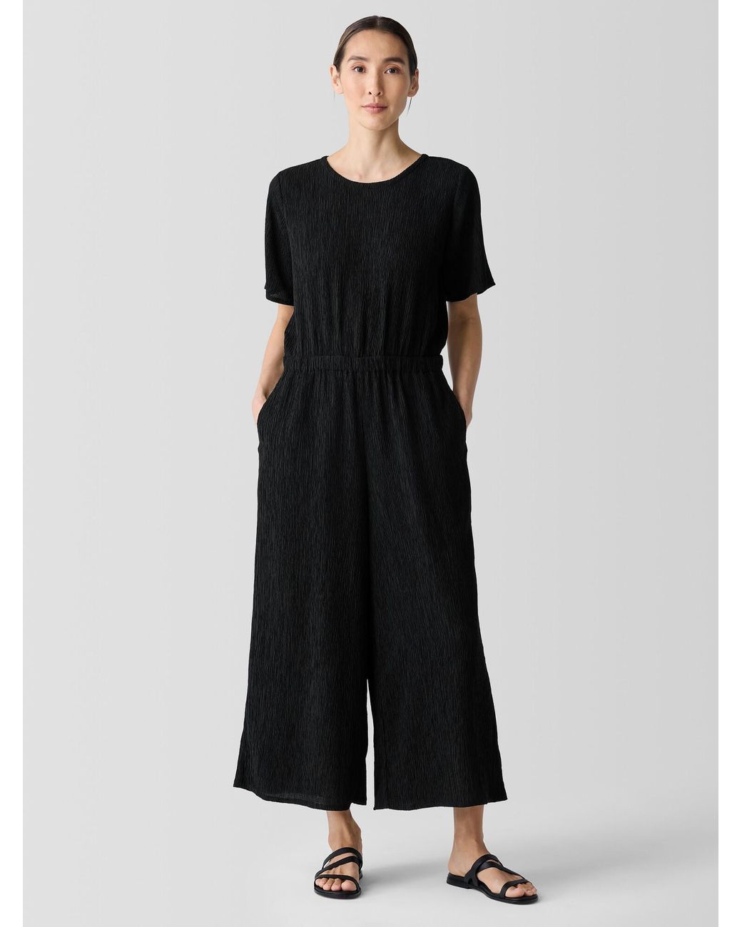 Eileen Fisher Woven Plisse Jumpsuit in Black | Lyst