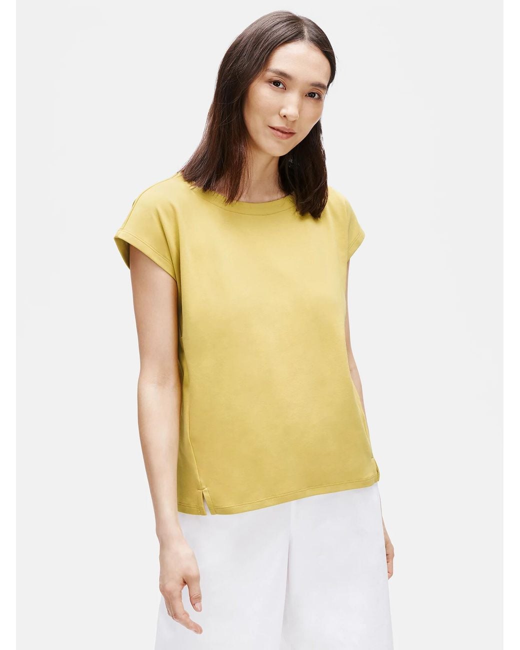 Eileen Fisher Organic Cotton Interlock Bateau Neck Top in Yellow | Lyst
