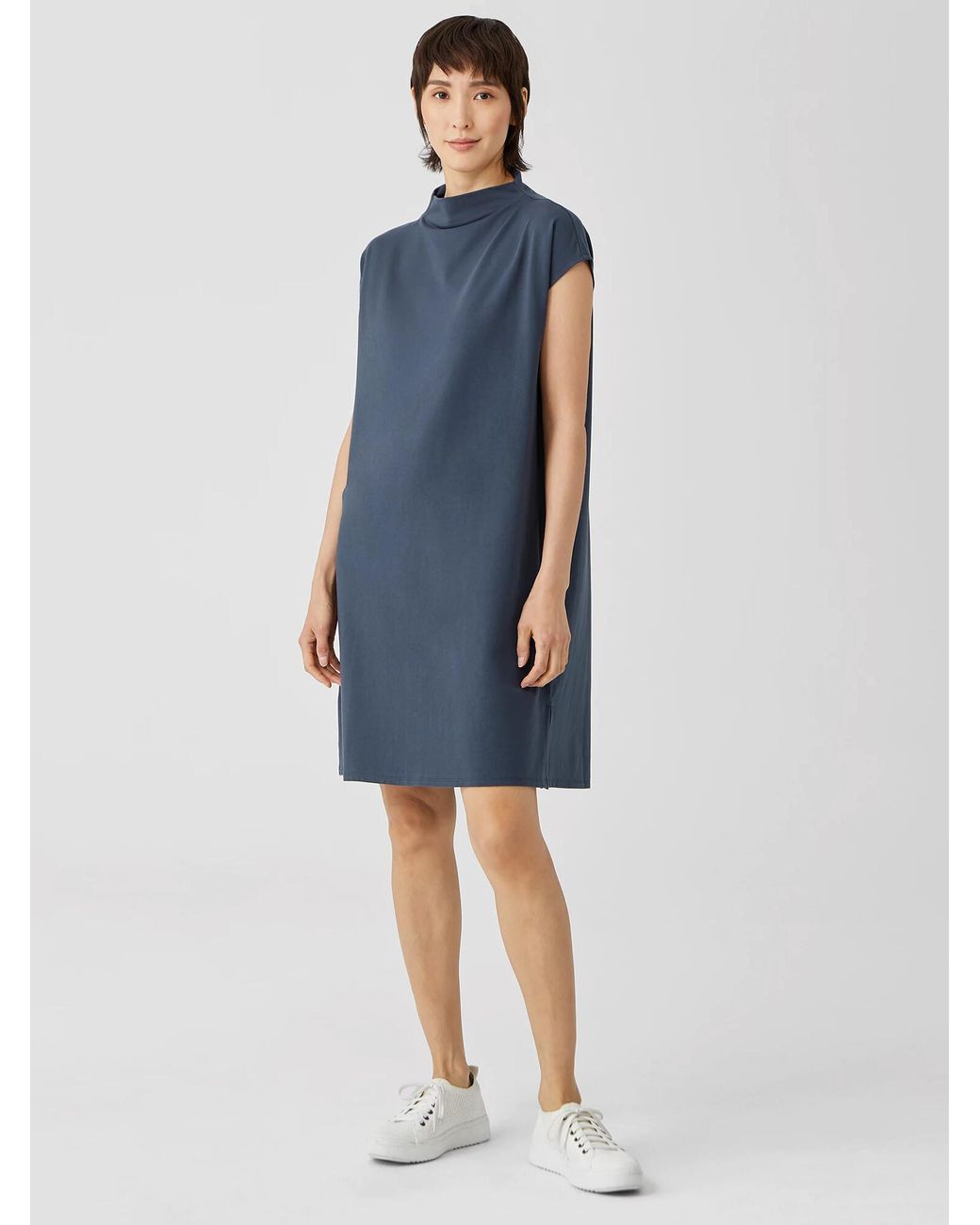 Eileen Fisher Traceable Cotton Jersey Funnel Neck Dress in Blue | Lyst