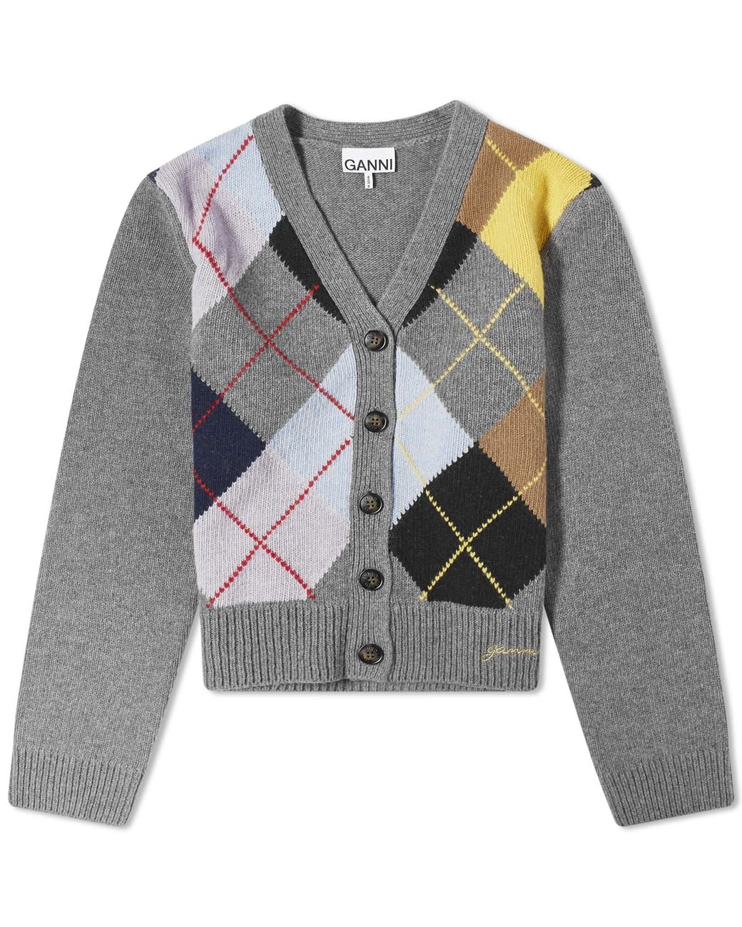 Ganni Harlequin Wool Mix Knit Cardigan in Gray | Lyst