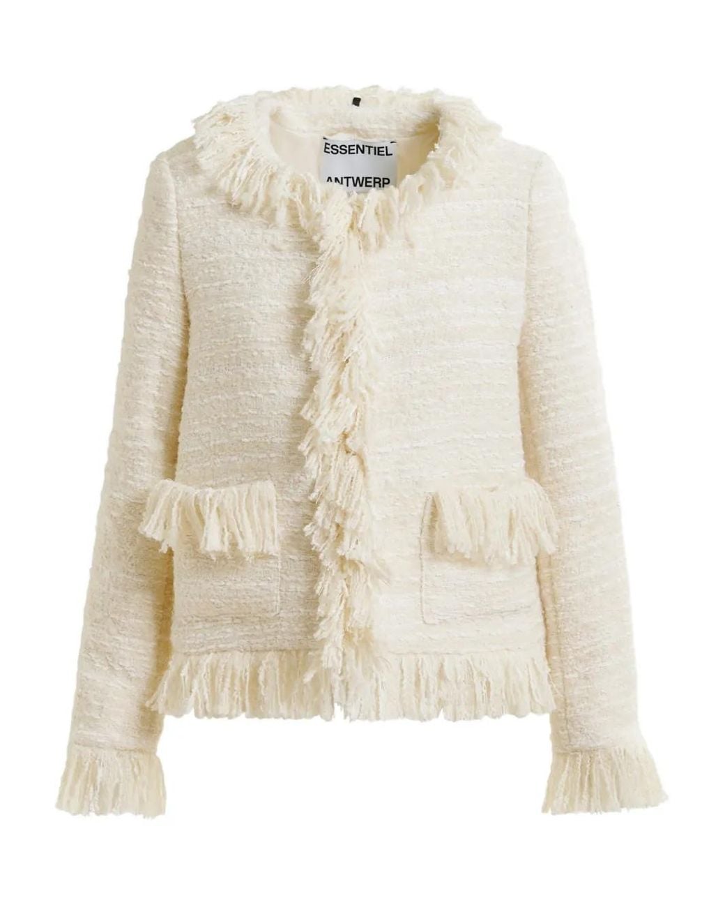 Essentiel Antwerp Fringe Tweed Jacket in White | Lyst
