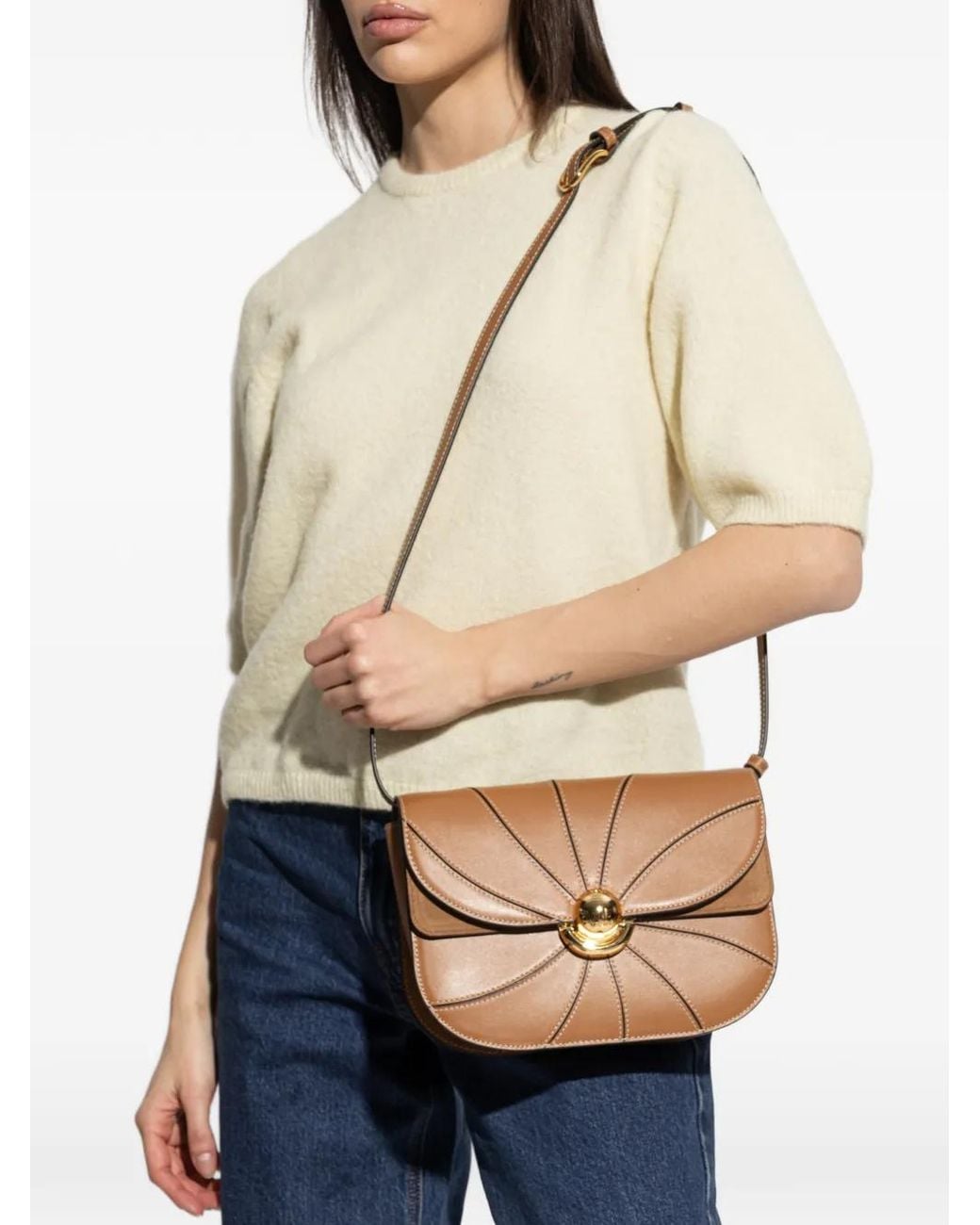 Furla Sfera Topstitch Turn-Lock Small Shoulder Bag in Brown | Lyst