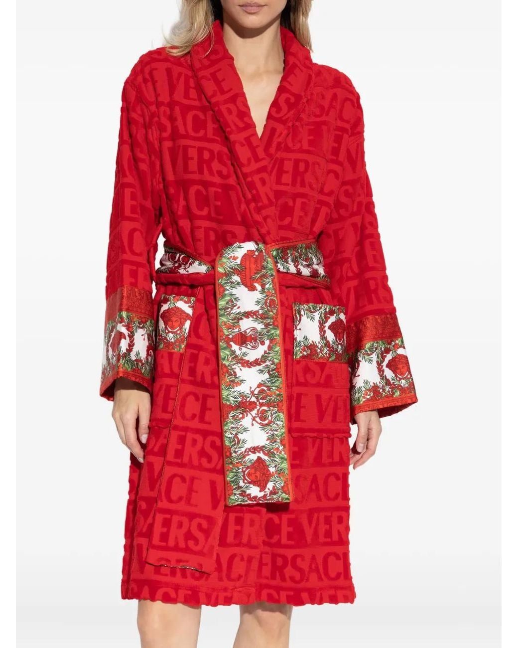 Versace Baroque-Print Belted Robe in Red | Lyst