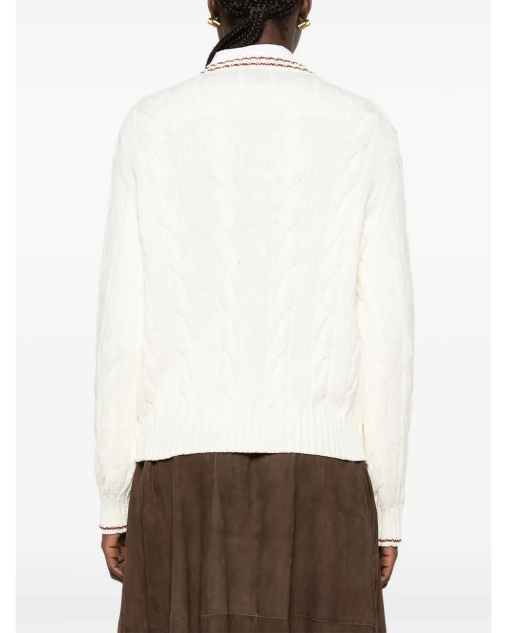 Loro Piana Augusta Cable-Knit V-Neck Sweater in White | Lyst