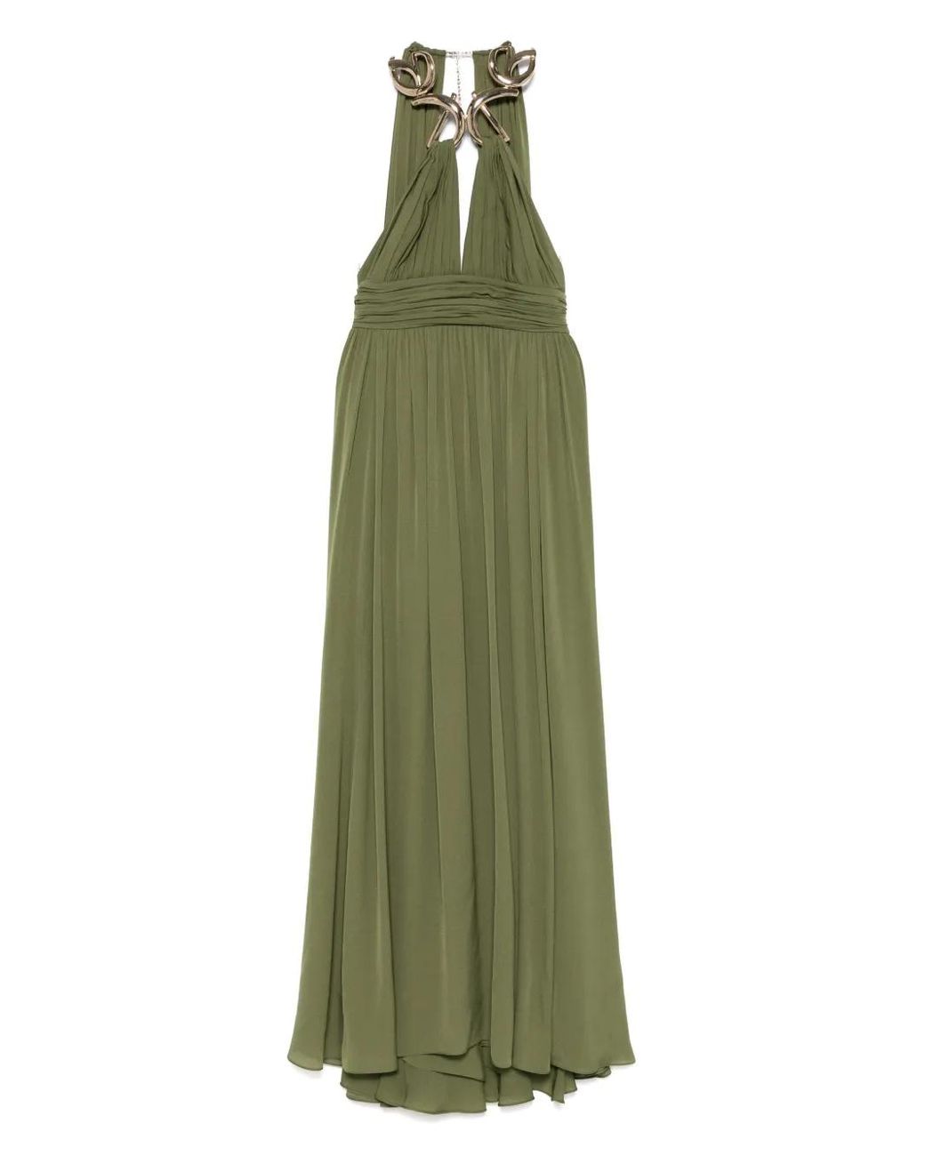 Elie Saab Metallic-Neck Silk Maxi Dress in Green | Lyst