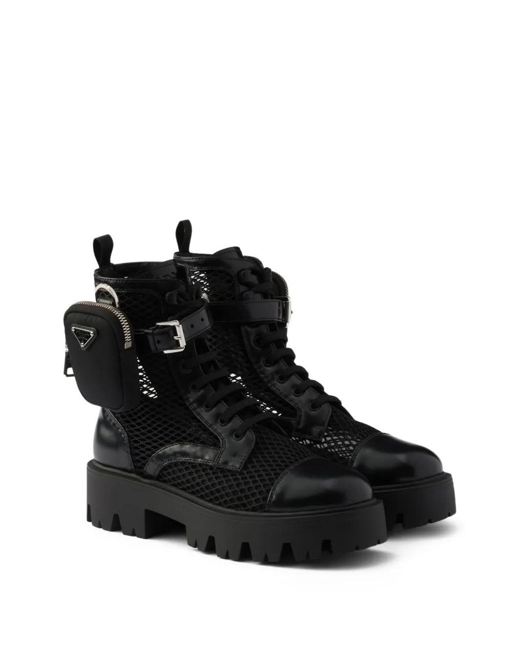 Prada Mesh And Leather Monolith Boots With Pouch in Black | Lyst