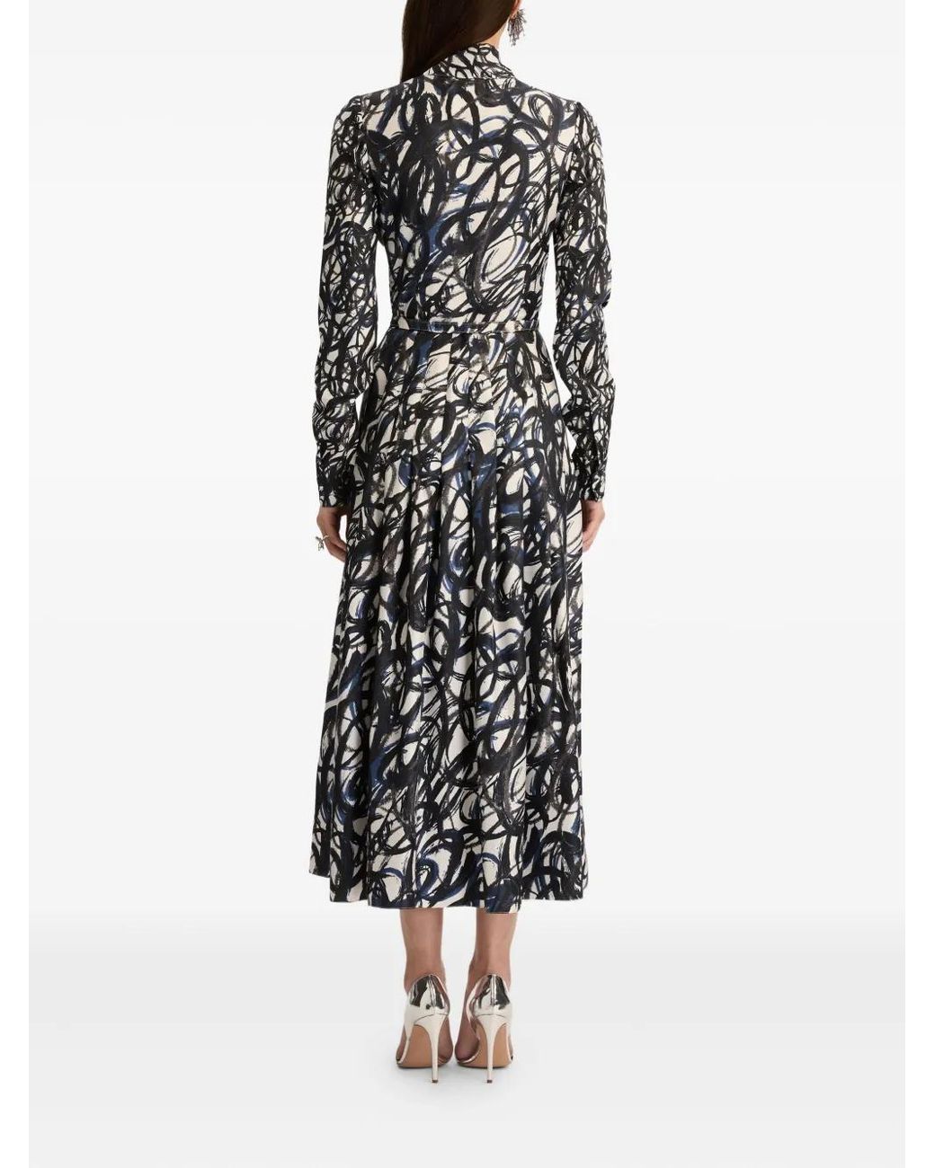 Oscar de la Renta Abstract-Sketch Twill Midi Dress in White | Lyst