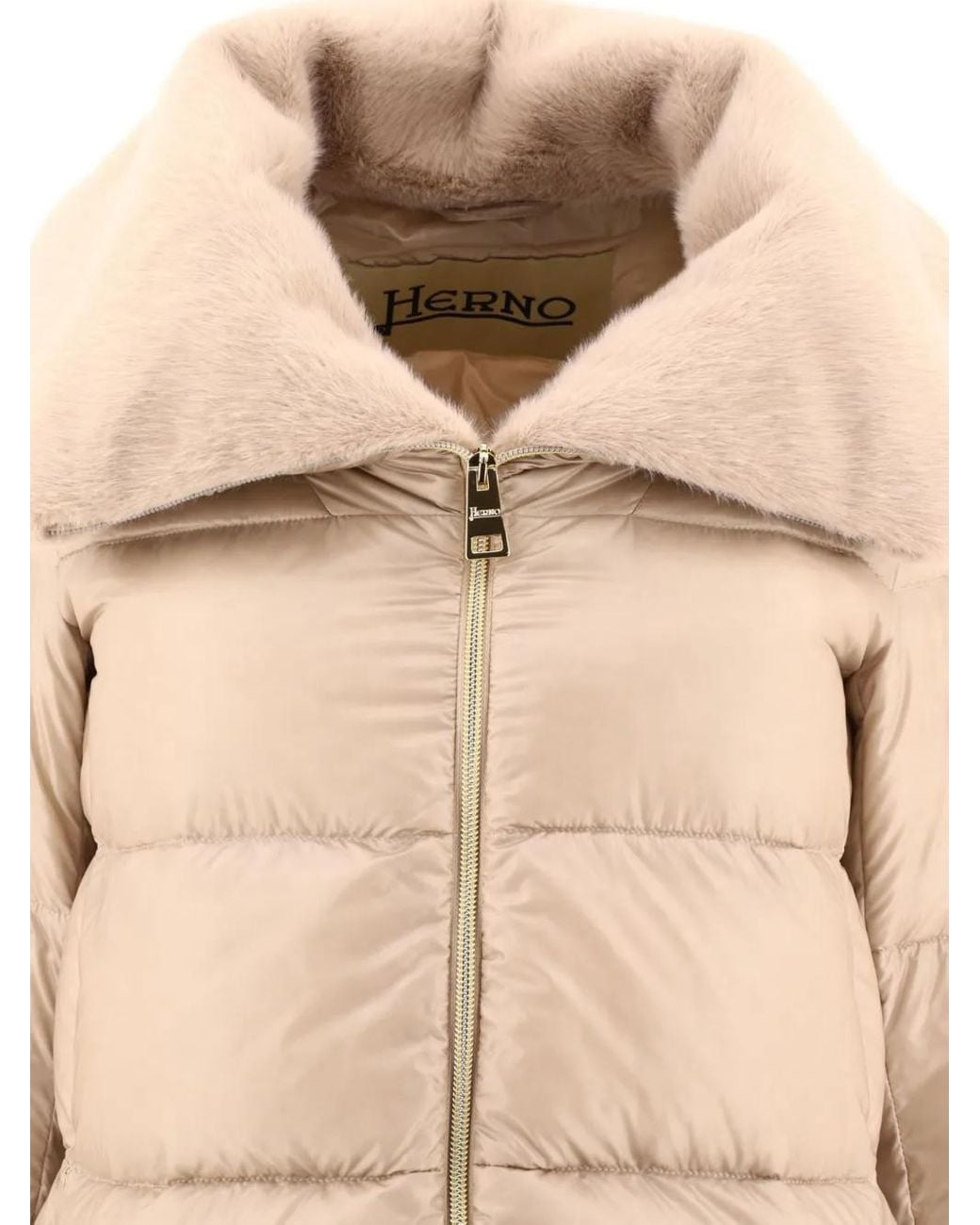 Herno Faux Fur Collar Mini Puffer Jacket in Natural | Lyst