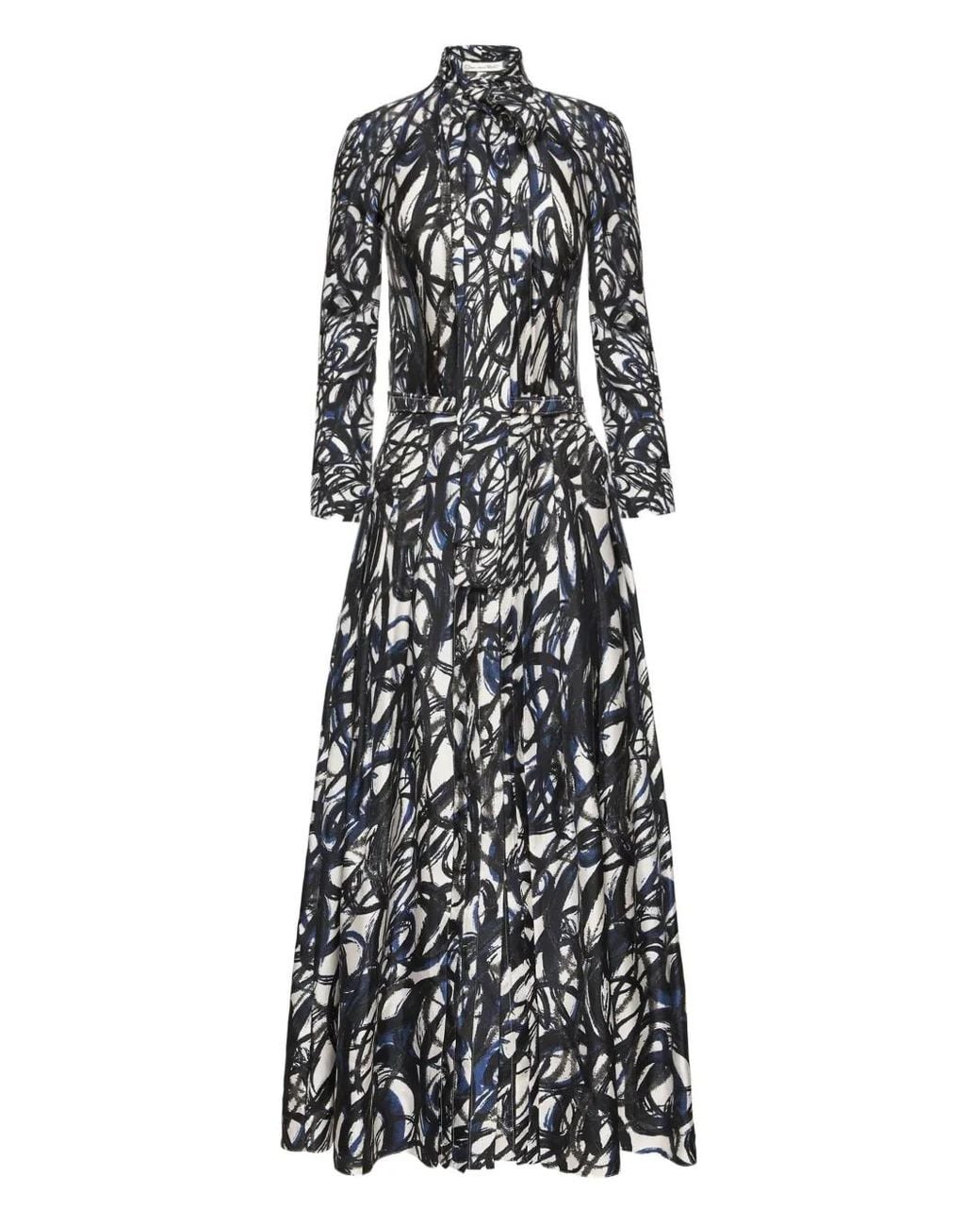 Oscar de la Renta Abstract-Sketch Twill Midi Dress in White | Lyst