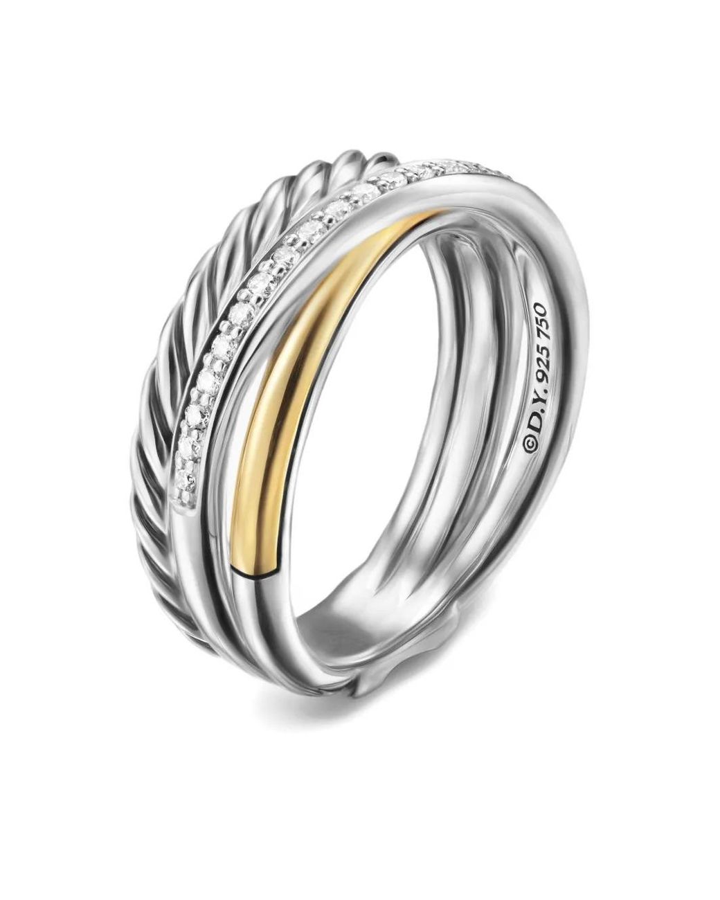 David Yurman 18Kt Crossover Three Row Diamond Ring (7Mm) in White | Lyst