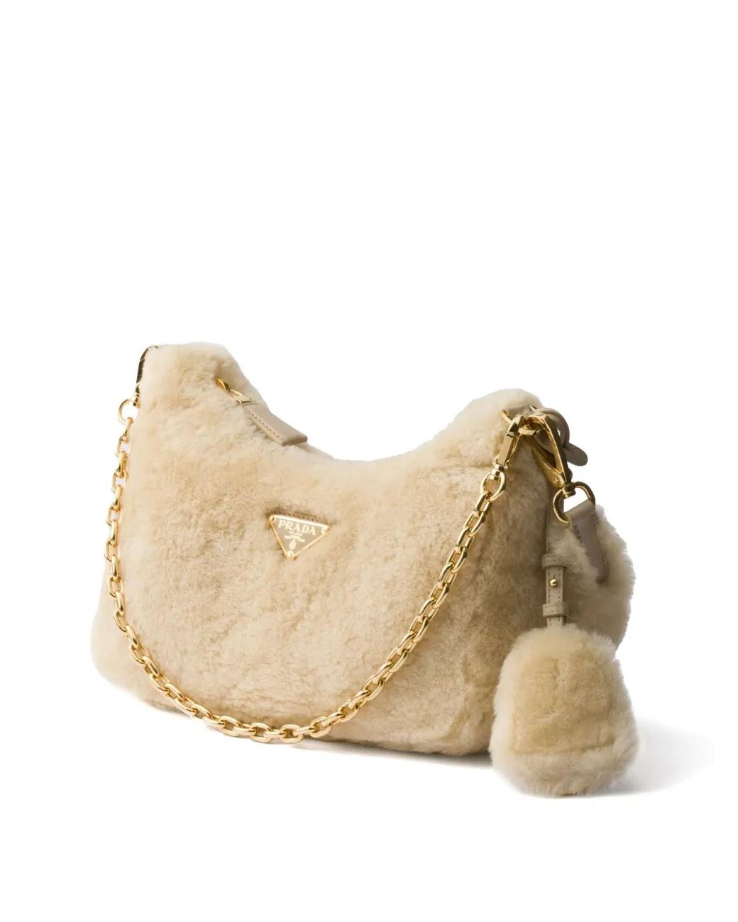 Prada Mini Re-Edition Shearling Shoulder Bag in Natural | Lyst