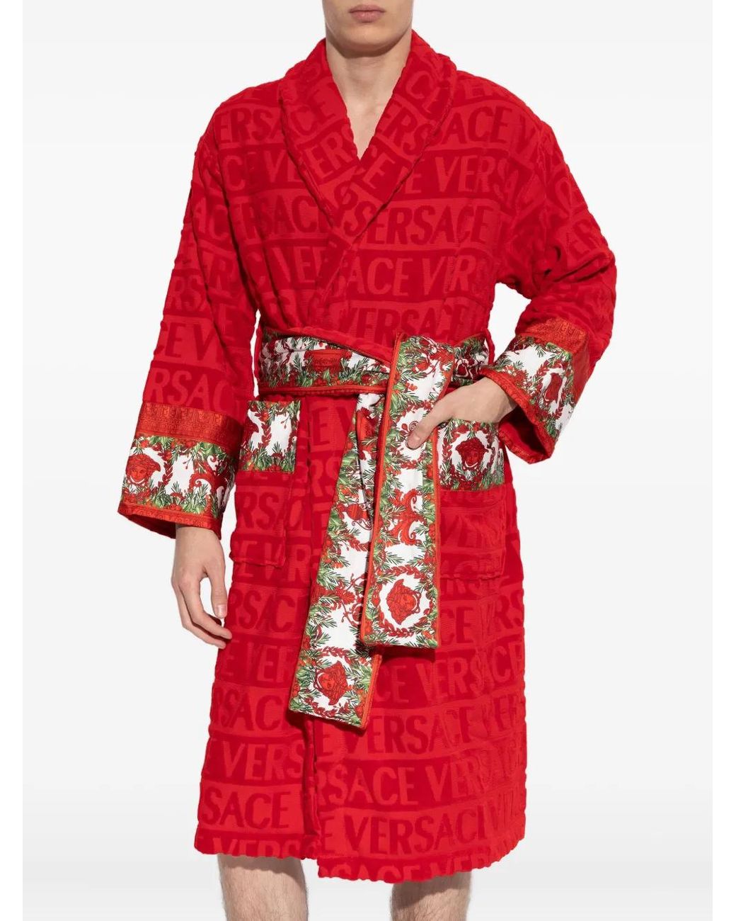 Versace Baroque-Print Belted Robe in Red | Lyst