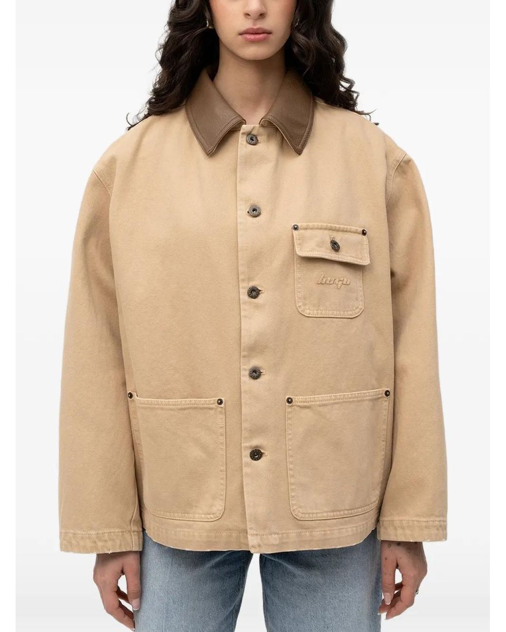 HUGO Flimane Chest-Pocket Contrast-Collar Jacket in Natural | Lyst