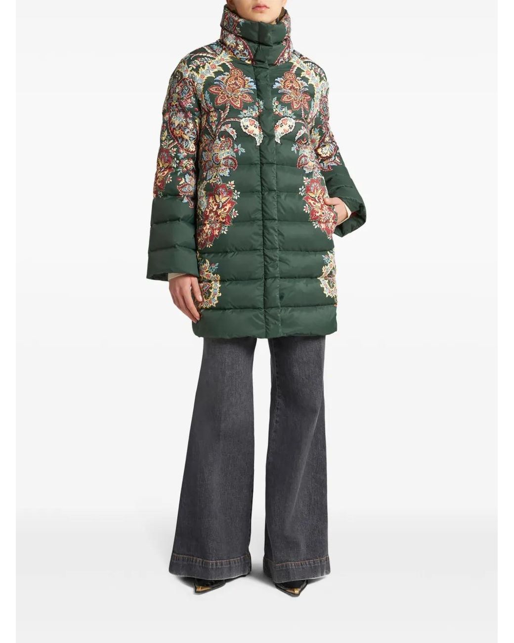 Etro Paisley-Print Zip-Up Puffer Coat in Green | Lyst