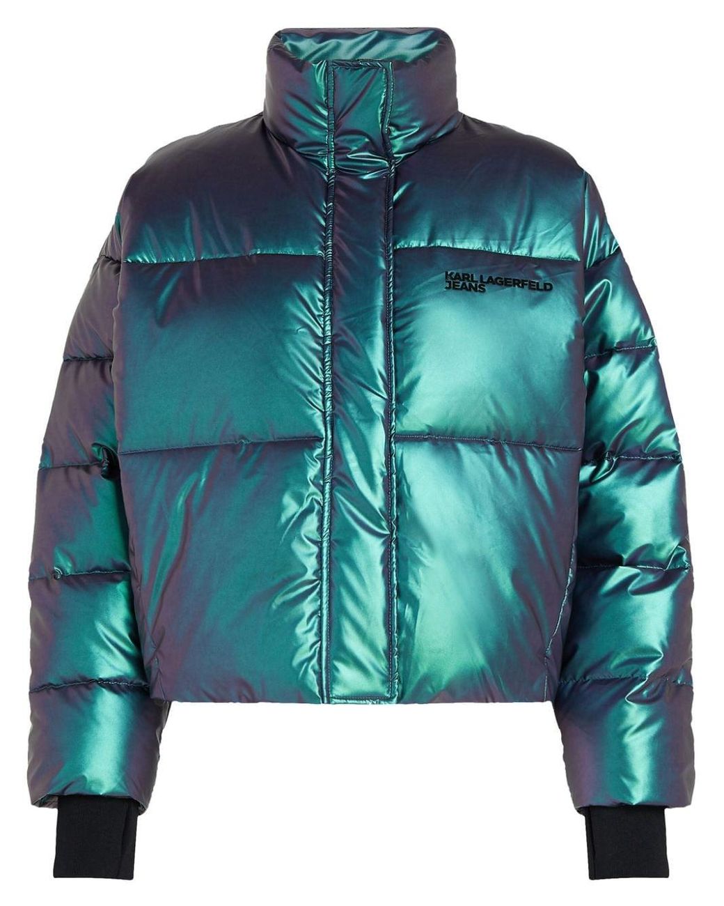 Karl Lagerfeld Iridescent Cropped Puffer Jacket in Blue | Lyst