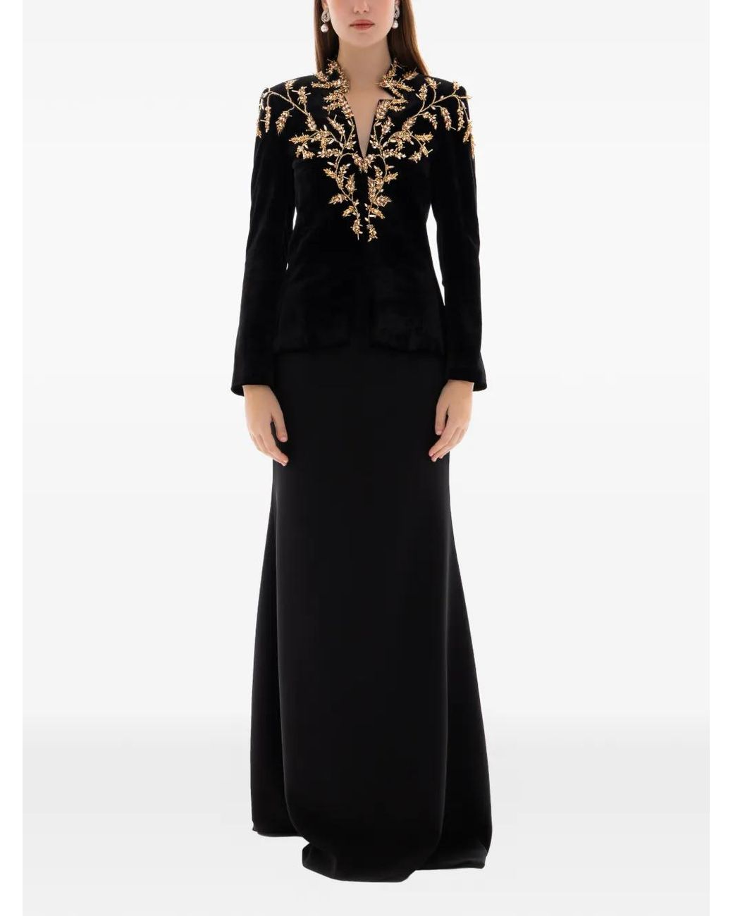 Dina Melwani Embroidered Velvet Maxi Dress in Black | Lyst UK