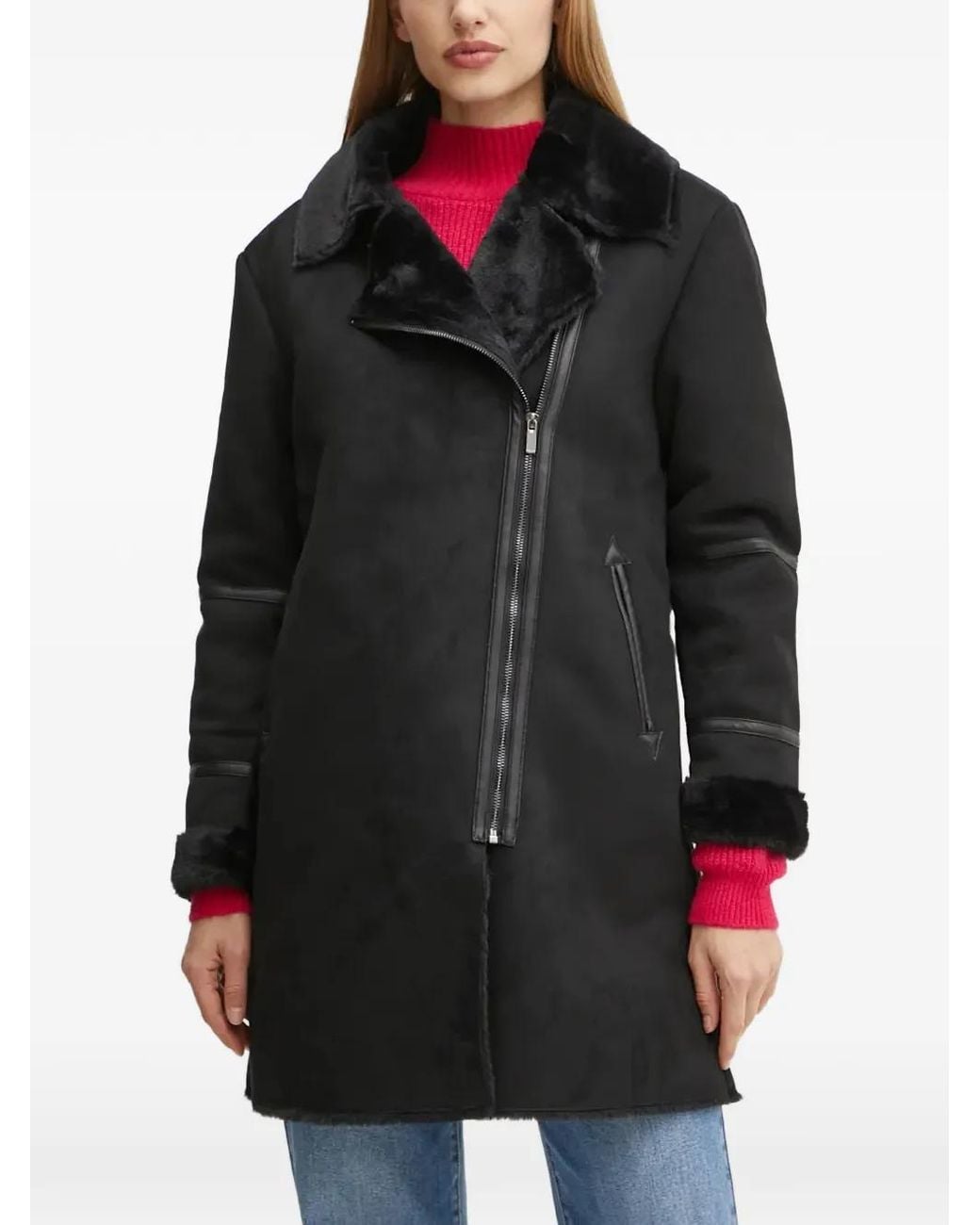 Morgan Faux-Fur Trim Coat in Black | Lyst