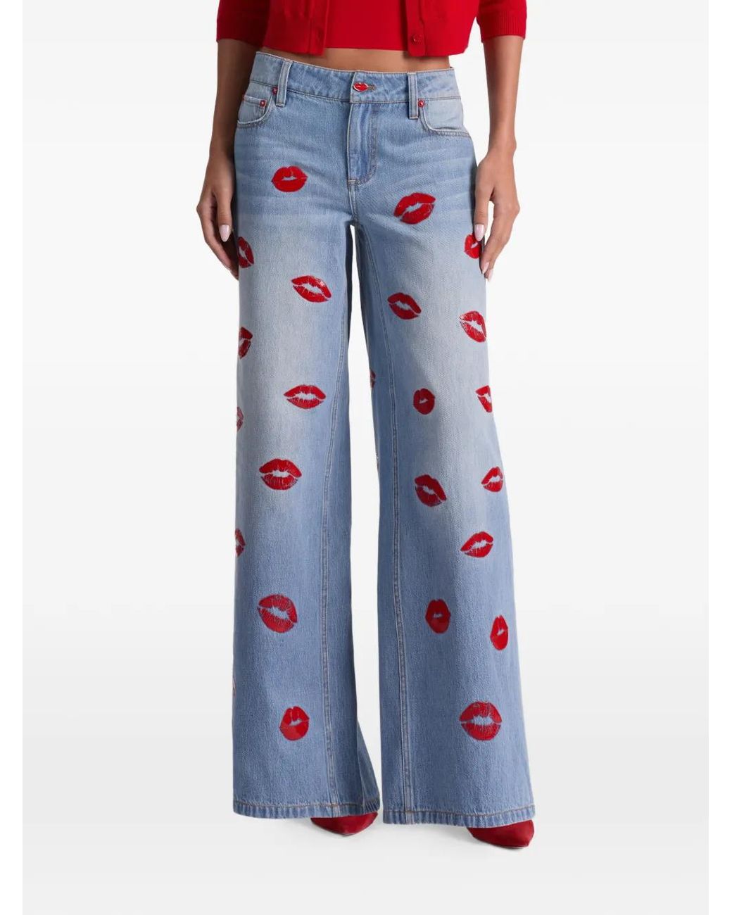 Alice + Olivia Amazing Lips-Print Baggy Jeans in Blue | Lyst UK