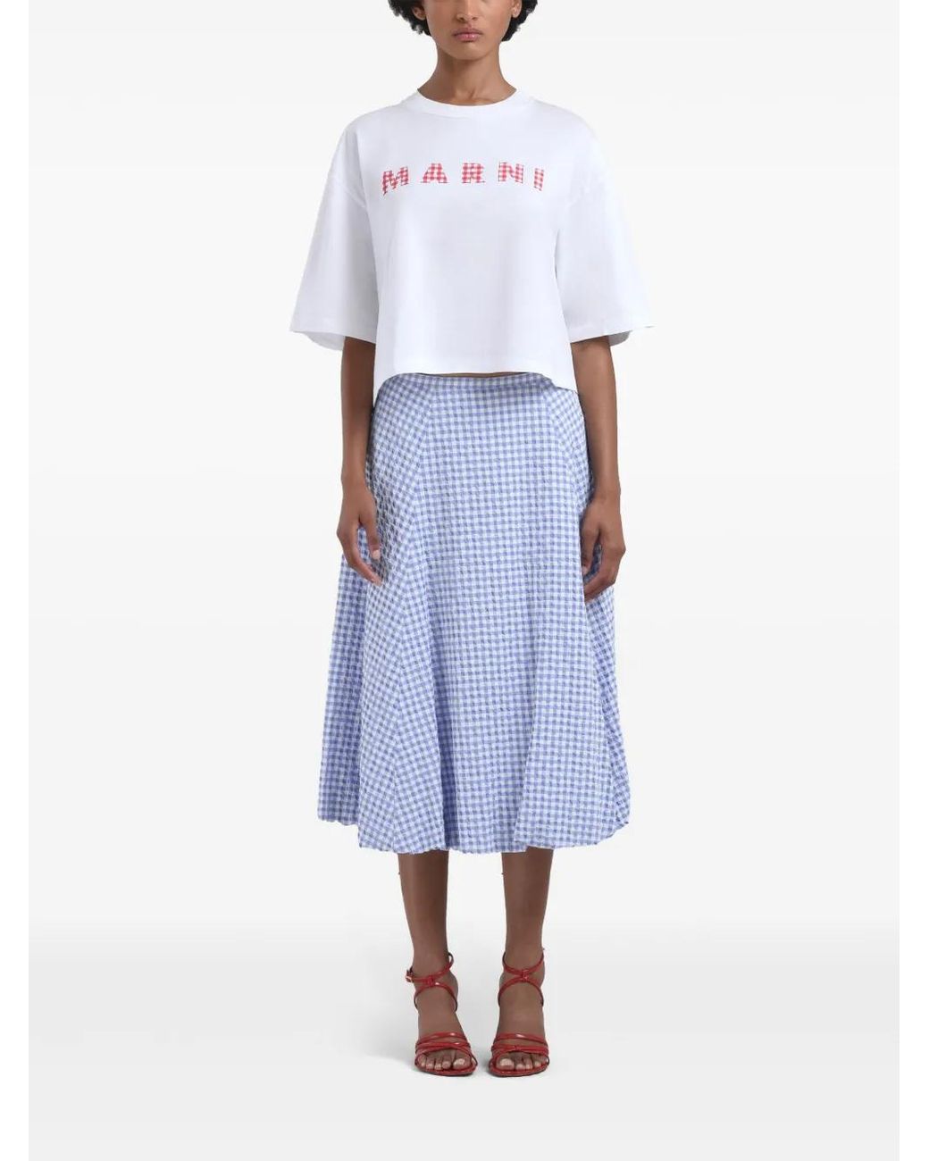 Marni Check-Print Midi Skirt in Blue | Lyst