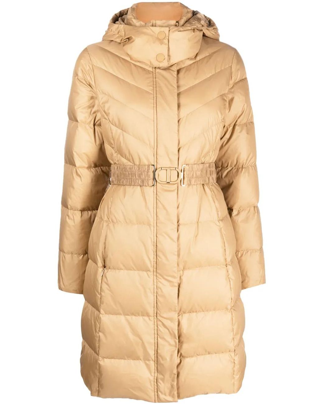 Twinset Hooded Belted Puffer Coat in Natural | Lyst UK