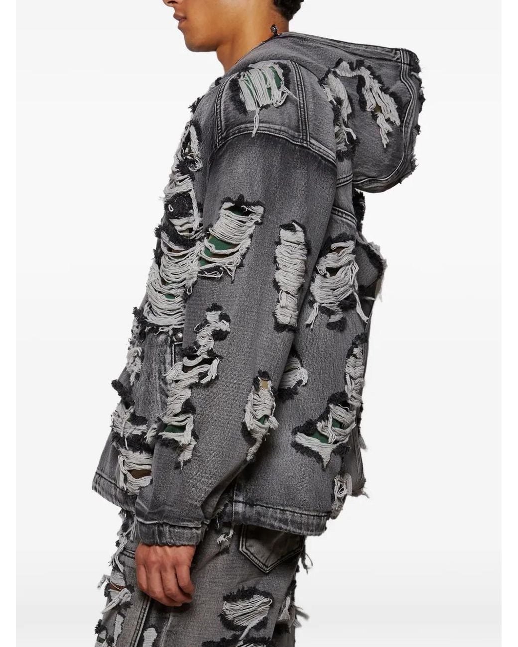 THUG CLUB Hell Denim Ripped Hooded Denim Jacket in Grey for Men | Lyst UK