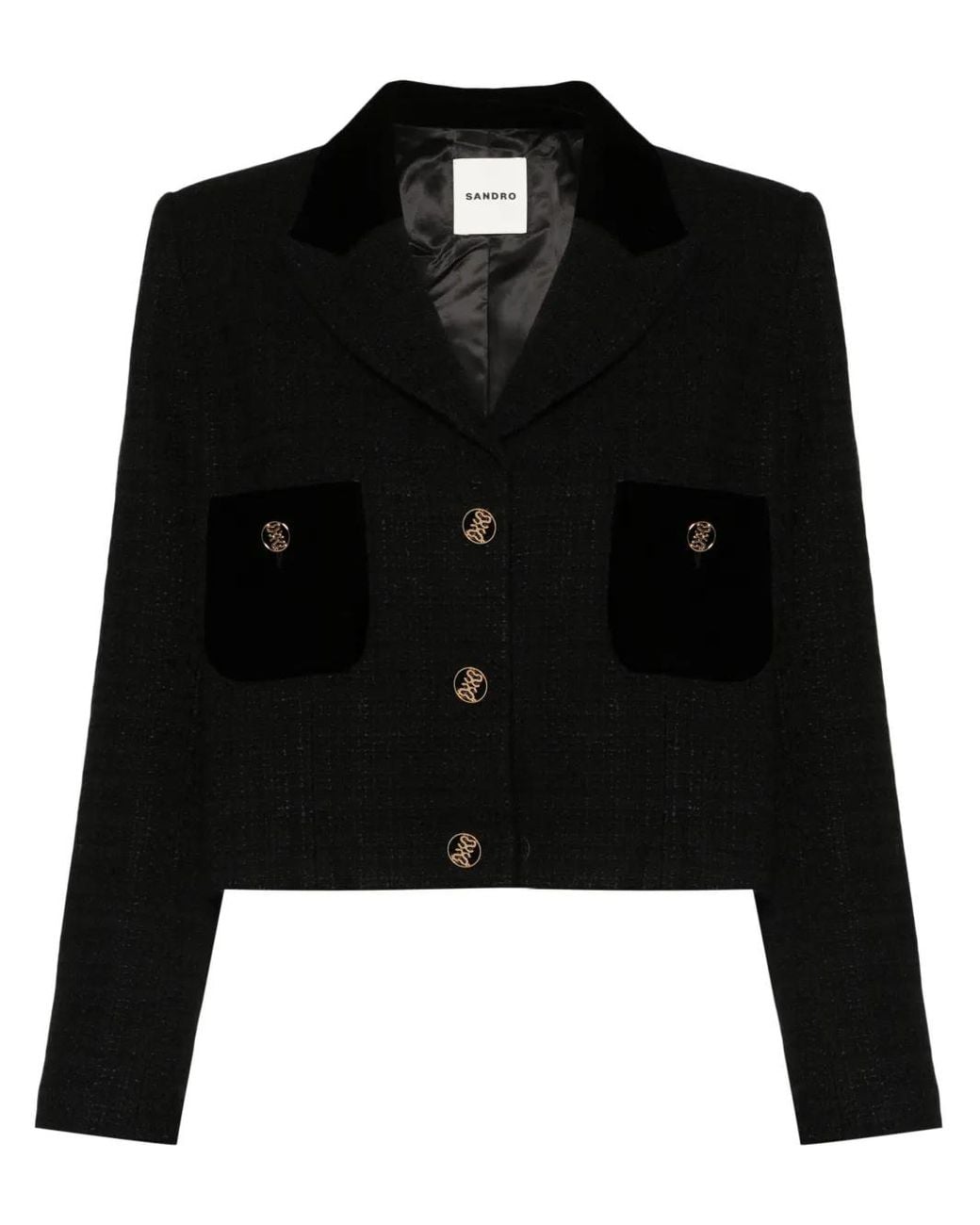 Sandro Velvet Tweed Cropped Jacket in Black | Lyst